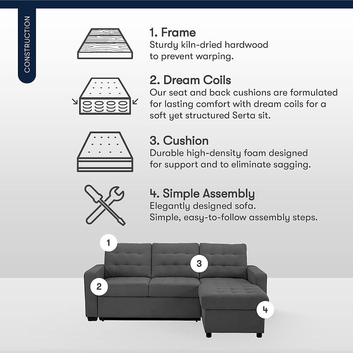 Serta Dreamlift Bakersfield Sectional Sofa Bed, Steel Grey