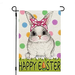 CROWNED BEAUTY Happy Easter Bunny Garden Flag 12x18 Inch Double Sided for Outside Burlap Small Polka Dots Yard Holiday Decoration CF705-12