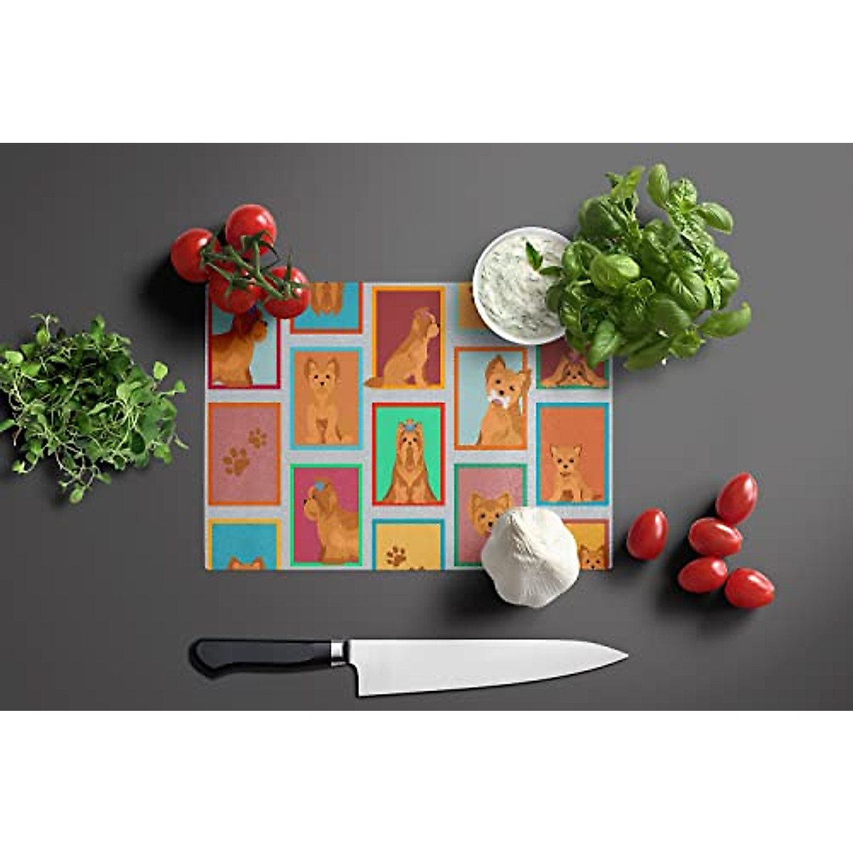 Caroline's Treasures MLM1148LCB Lots of Red Yorkie Glass Cutting Board Large Decorative Tempered Glass Kitchen Cutting and Serving Board Large Size Chopping Board