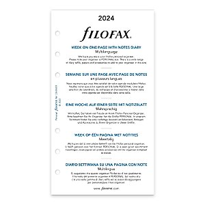 Filofax Calendar Diary Refill, Personal/Compact Size, Week on One Page with Notes, White Paper, Multilingual: Five Languages, 2024 (C68409-24)