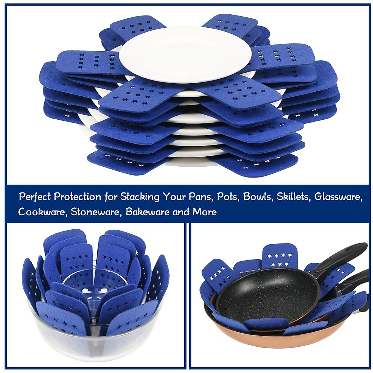 BYKITCHEN Pan Pot Protectors, Larger & Thicker Pan Protector with Stars, Set of 12 and 3 Different Sizes, Blue Pot Separator Pads for Stacking and Protecting Your Cookware