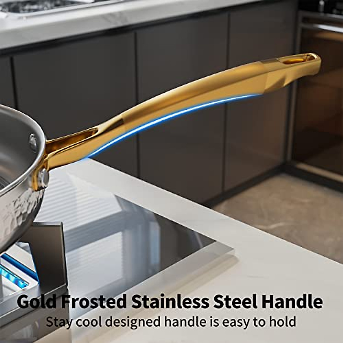 Homaz life 8-Inch Frying Pan, Tri-Ply Stainless Steel Cookware, Induction Ready, Compatible with All Cooktops, Dishwasher Safe, Non-Toxic, Gold-Colored Stay-Cool Handle