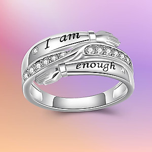Sterling Silver i Am Enough Hug Ring Matching Engagement Promise for Women Best Friend Crystal Cubic Zirconia Cute Dainty Fidget For Anxiety Love Size 10 Rings