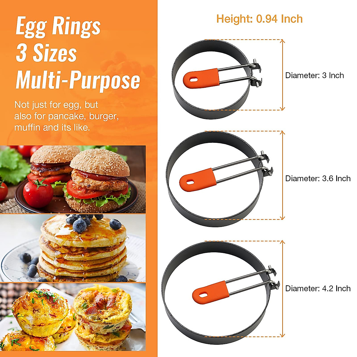 Egg Rings Combo Set 3 Packs in 3 Sises for Frying，Round Egg Rings Mold with Fold-up Stainless Steel Handle and an Oil Brush，Nonstick Leak-Proof and Anti-Scald for Frying Eggs.（3+3.6+4 inch）