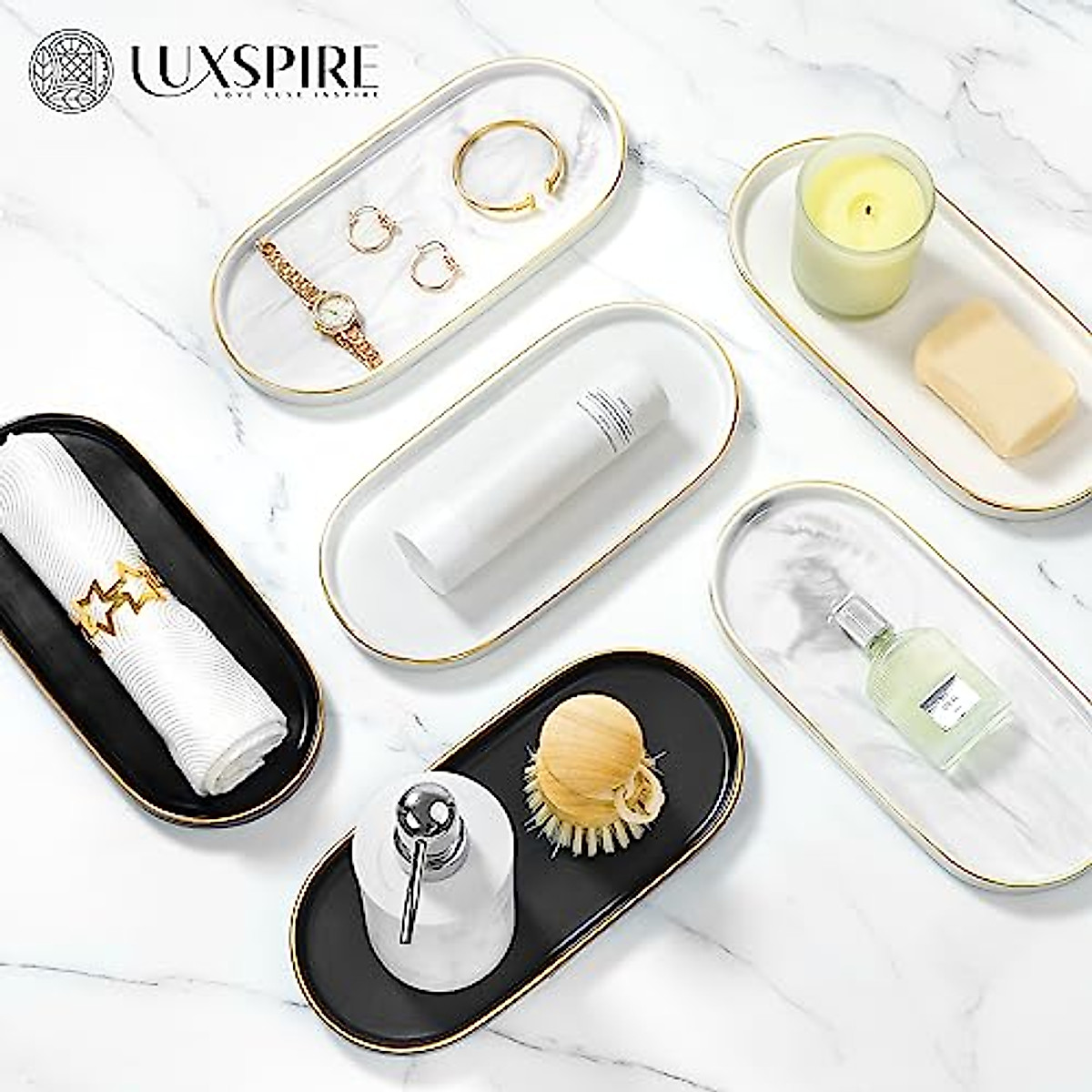 Luxspire Bathroom Vanity Tray, Marble Ceramic Dresser Jewelry Dish with Golden Rim, Decorative Tray Countertop Sink Storage Holder Organizer for Soap Candles Perfume Comestic Home Decor, Matte White
