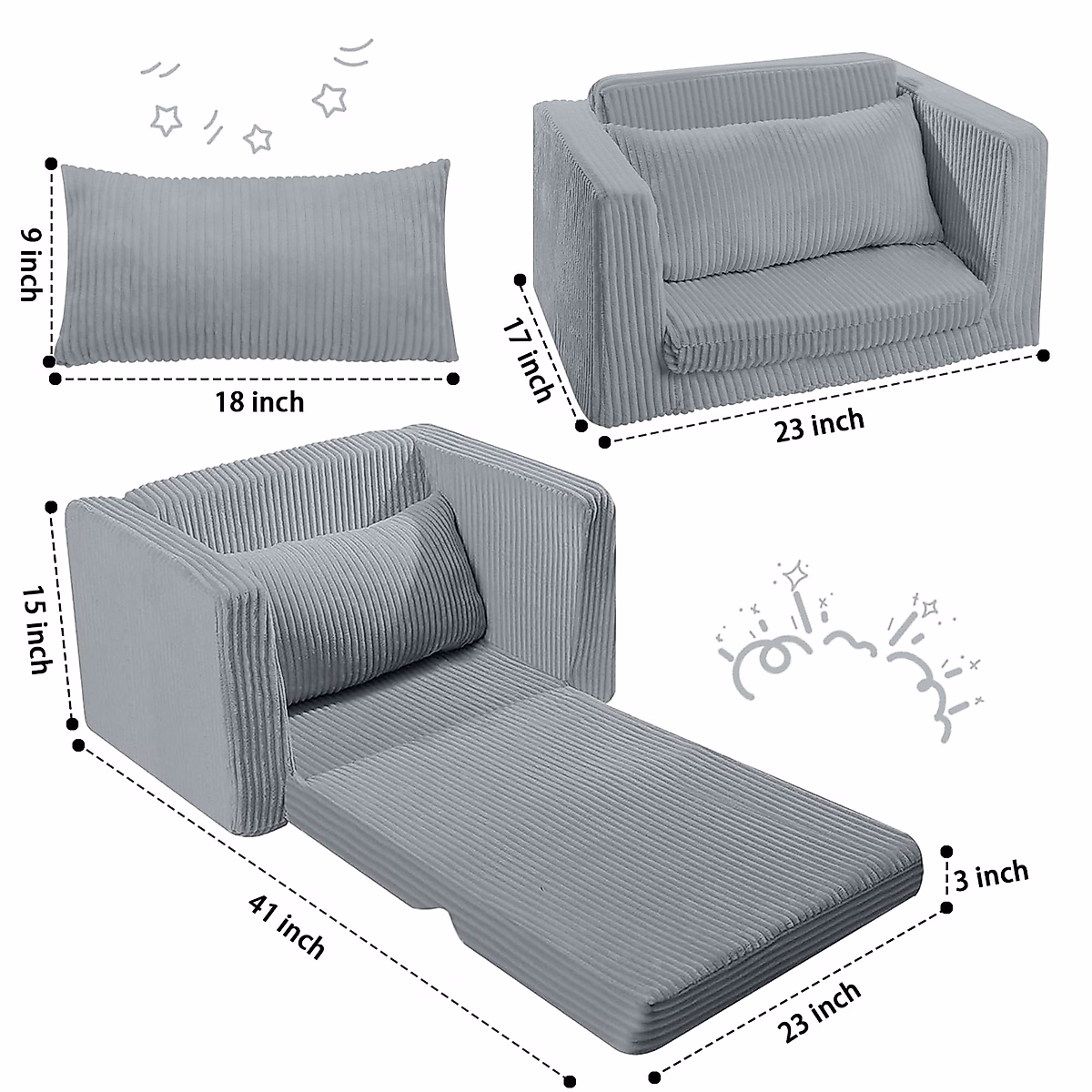 MeMoreCool Kids Couch Fold Out, Flip Out Kids Sofa Chair, Foldable Toddler Couch for Girls Boys, Children Convertible Sofa to Lounger Pull Out Kids Couch for Playroom, Folding Toddler Sofa