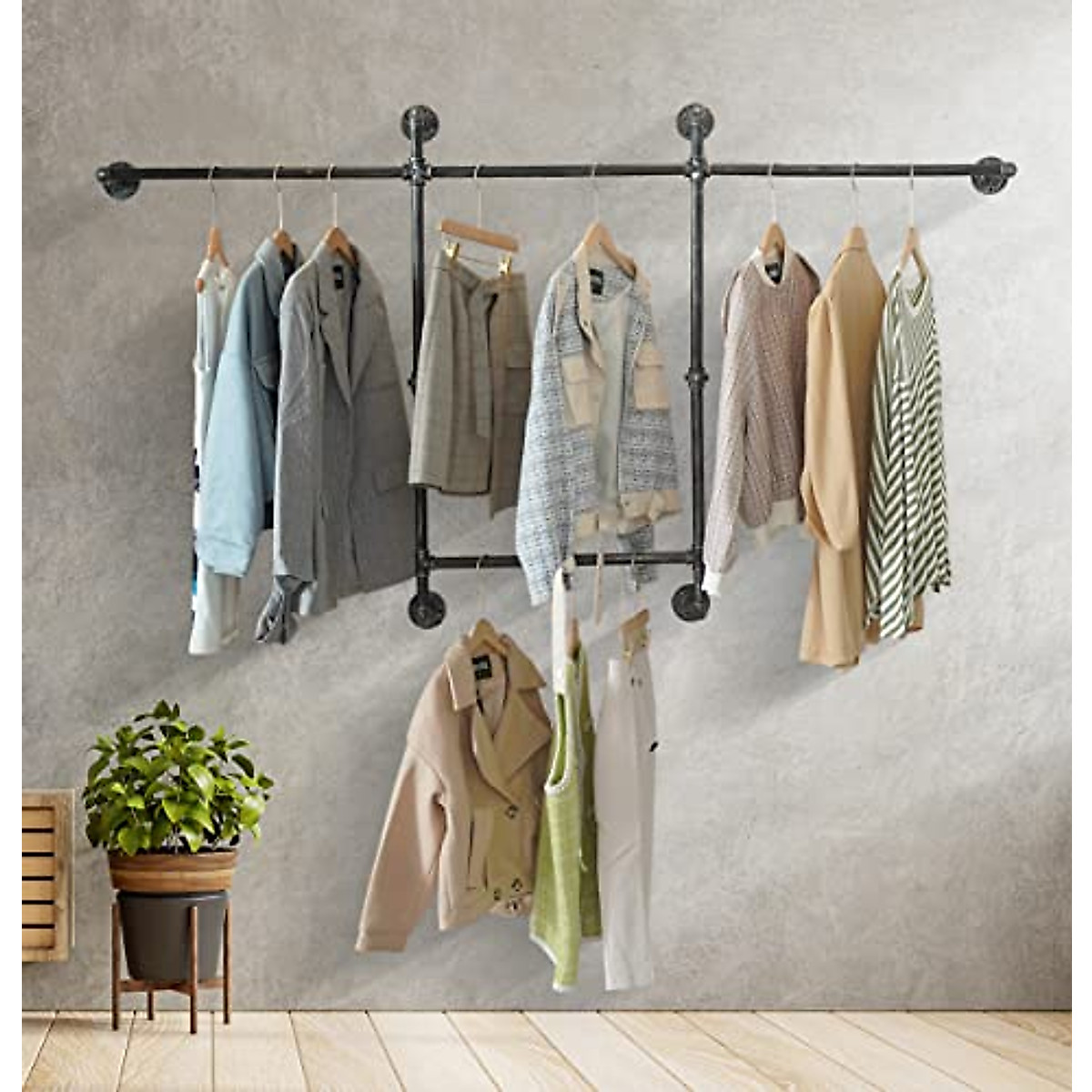 ZYUXUAN Industrial Wall Clothes Rack, Heavy-Duty Clothing Rack, Pipe Style Garment Rack with Four Hanging Rods for Bedroom, Laundry Room, Retail Store, Rustic Black (four hanging rods)