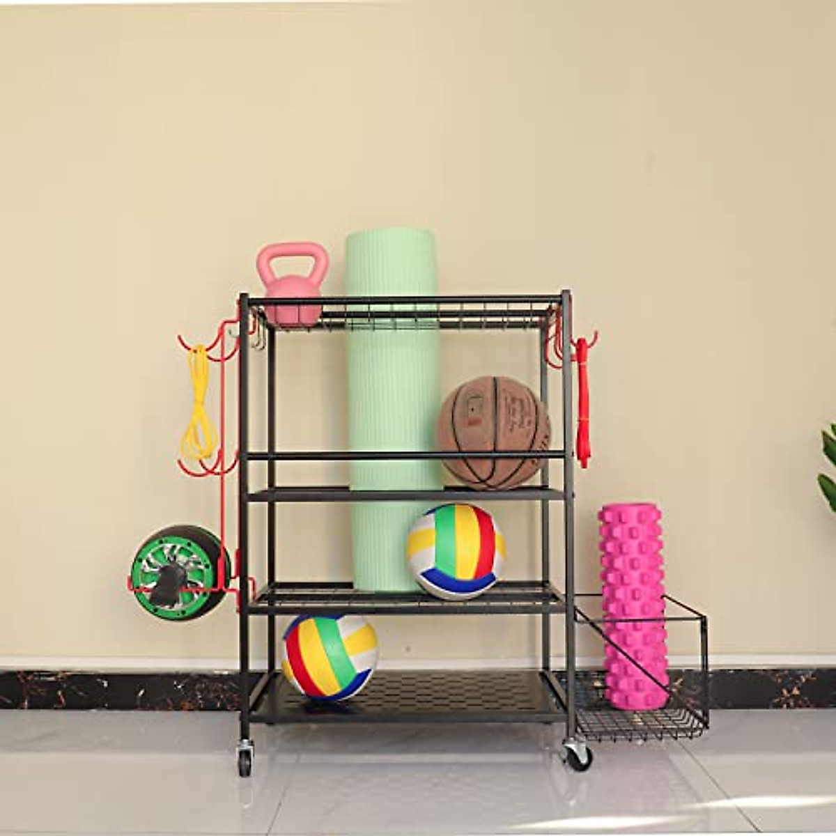 FLIORS Black 4-Tier Storage Shelving Unit with Whelss, Home Gym Storage Rack, Home Gym Workout Equipment Storage Rack, Workout Storage with Wheels and Hooks, Heavy Duty Storage Shelving