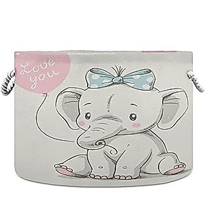 Round Storage Basket 20"x14" Cute Baby Elephant and Balloons Collapsible Storage Organizer Basket with Handles, Fabric Nursery Laundry Basket Large Capacity