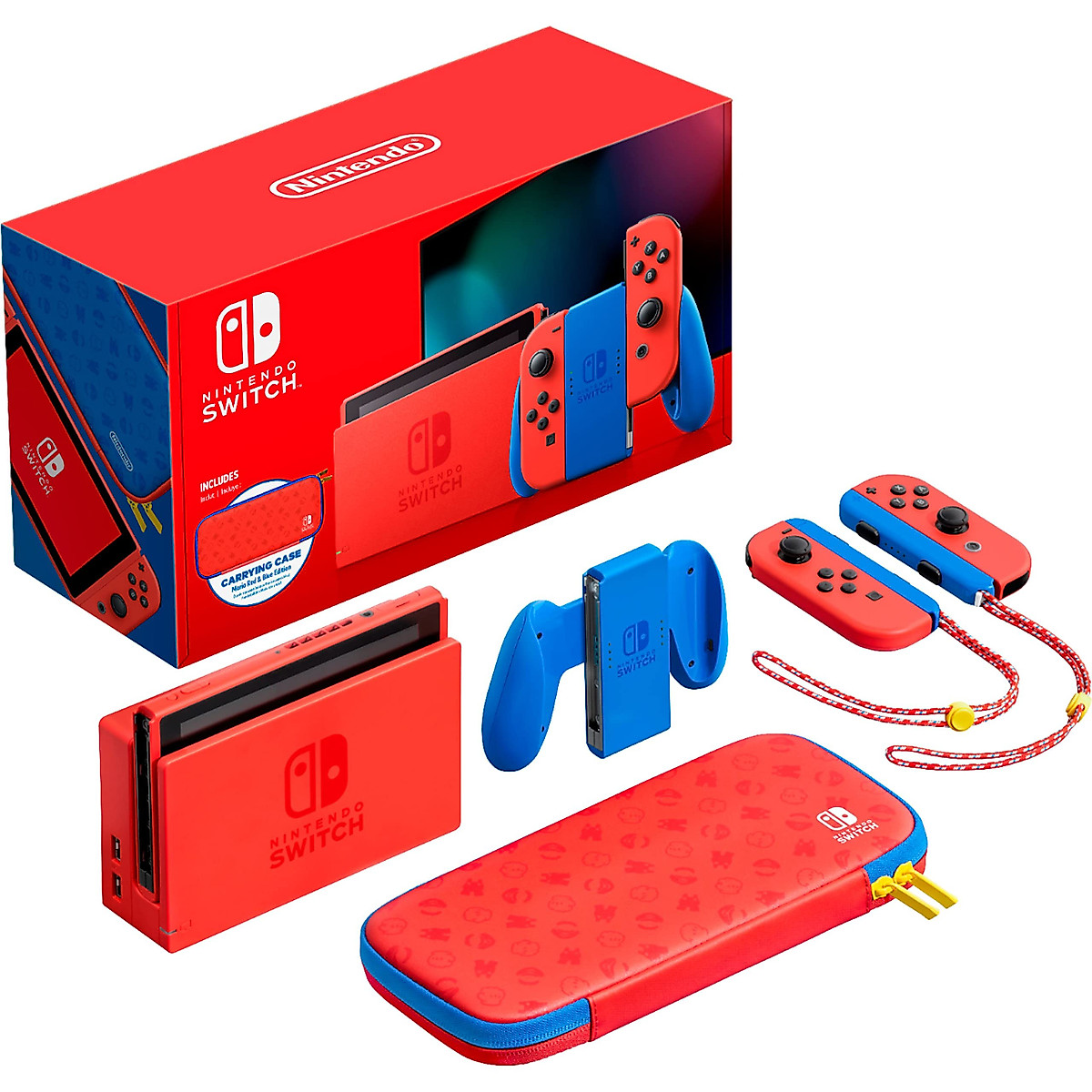 Nintendo Switch Mario Red & Blue Edition with Red Joy-Con, Blue Dock - 6.2" Touchscreen LCD Display, 32GB Internal Storage, 802.11AC WiFi, Bluetooth 4.1, Type-C - 7-in-1 Carrying Case