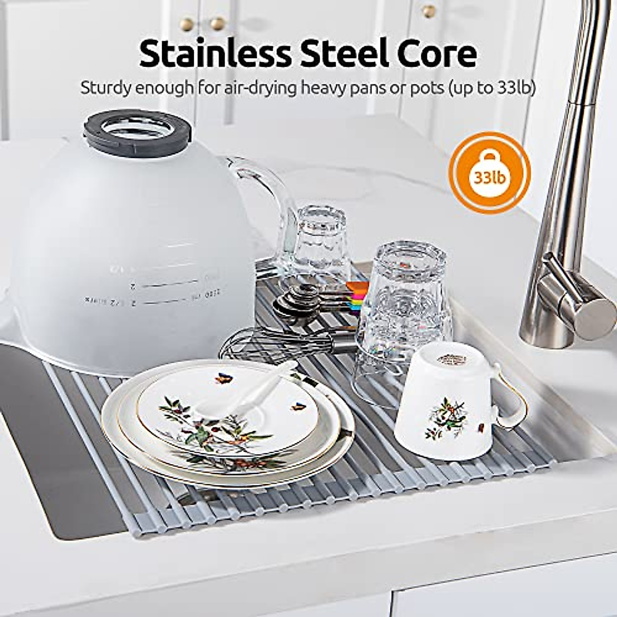 U-Taste Roll Up Dish Drying Rack 16.5 by 13.7 Inches, Over The Sink Foldable Multipurpose Silicone Dish Drainer Warm Gray, Small