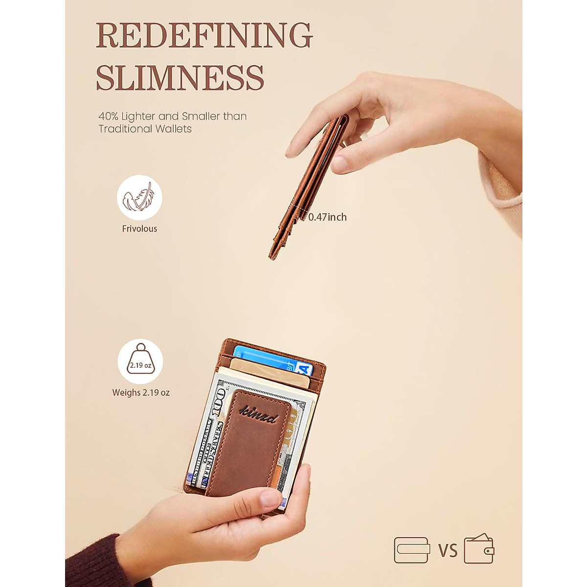 kinzd Money Clip Crazy Horse Leather Slim Minimalist Wallet for Men RFID Blocking Strong Magnet Money Clips Front Pocket Wallet