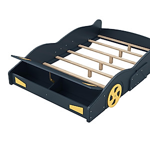 Acosure Full Size Race Car-Shaped Platform Bed with Wheels,Wooden Car Bedframe W/Storage Space,No Box Spring Required,for Boys Toddlers Kids Child's Bedroom,Dark Blue+Yellow