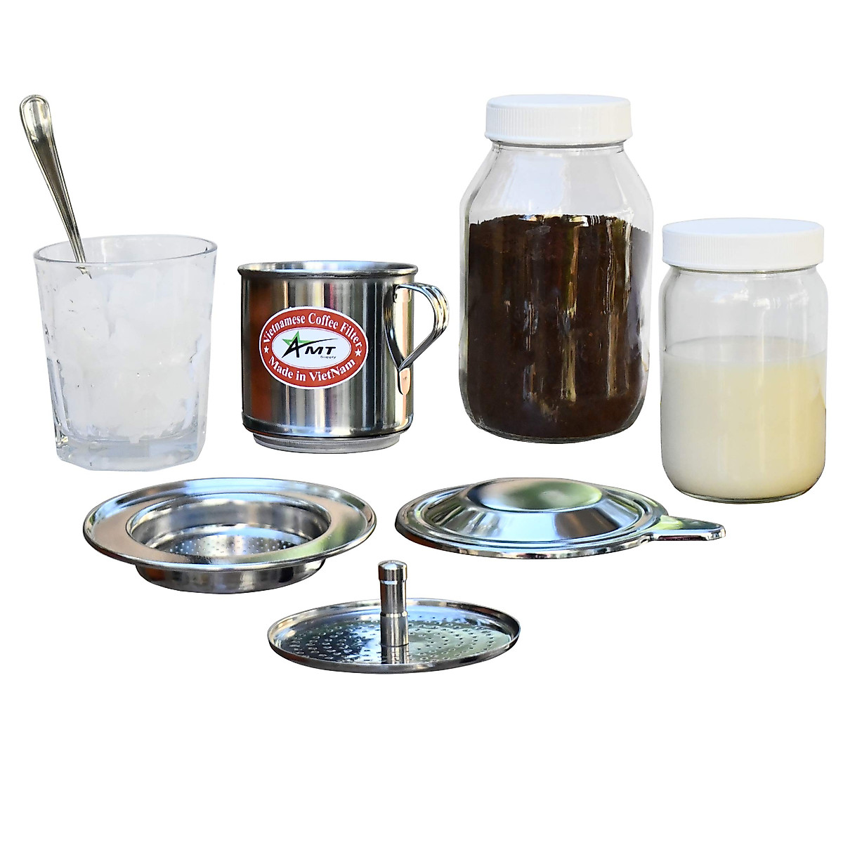 AMT 13 OZ Vietnamese Coffee Maker Coffee Filter, 2-3 Servings Phin, Screw Down Coffee Vietnamese Coffee Dripper for Vietnamese Style at Home Office (13 OZ - Handle)