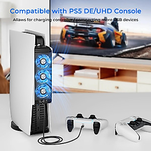 Upgraded PS5 Cooling Fan with LED Light,Quiet and Efficient Cooling System for PS5 Cooler,2 Fan Speeds,3 Small Fans,USB 3.0 Port Compatible with PlayStation 5 Digital & Discs Edition