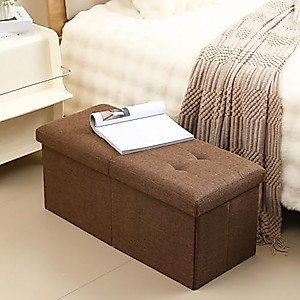 CUYOCA Storage Ottoman Bench Foldable Seat Footrest Shoe Bench End of Bed Storage with Flipping Lid, 75L Storage Space, 30 inches Linen Fabric Brown