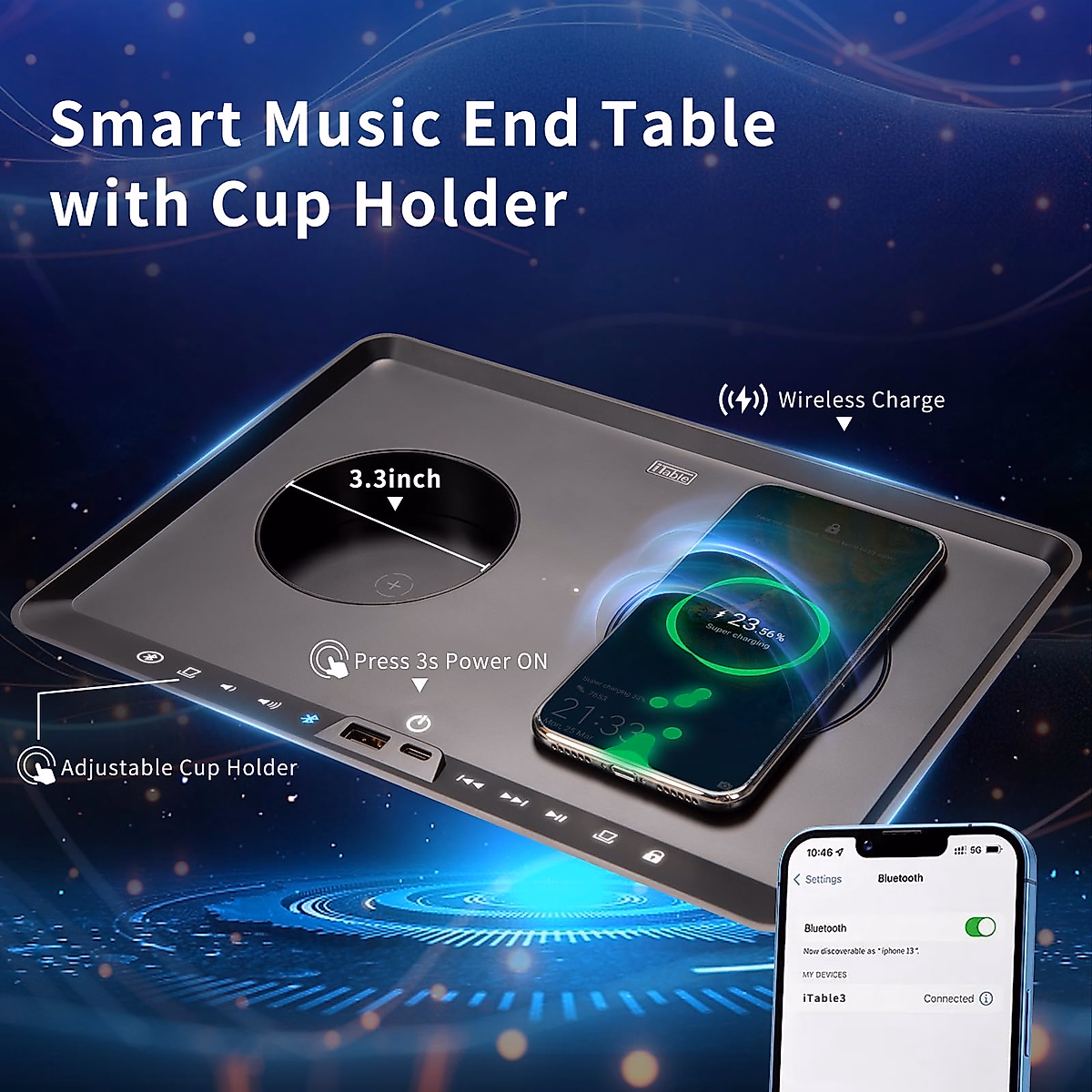 beyond SMART End Table with Audio,Upholstered Console, Modular Console with Cup Holder&Wireless Charging, Power Console Sofa Table, Almond