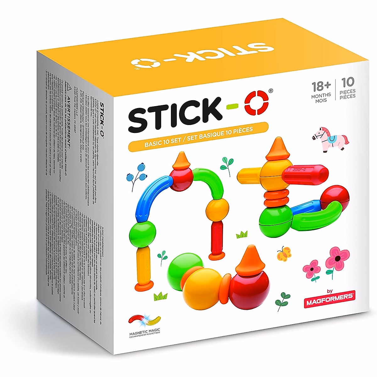 STICK O Basic 10 Piece Magnetic Building Set, Rainbow Colors, Educational STEM Construction Toy Ages 18M+