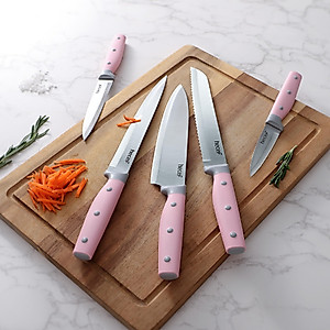 hecef Kitchen Knife Set with Magnetic Strip, 6 pcs Professional Knives Set for Kitchen, 13-inch Magnetic Strip Stainless Steel Sharp Chef Knife Set with Pink Handle for Cutting Meat & Vegetable
