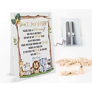 Don't Say Baby Baby Shower Game, Don't Say Baby Sign(Sign 8x10 Inch), Safari, 1 Standing Sign + 50 Clothespins(ds33)