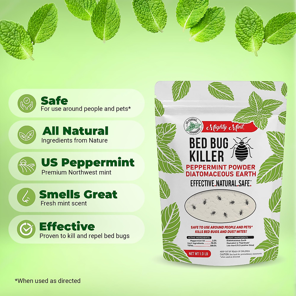 Bed Bug Killer, Diatomaceous Earth Peppermint Powder, 1 lb
