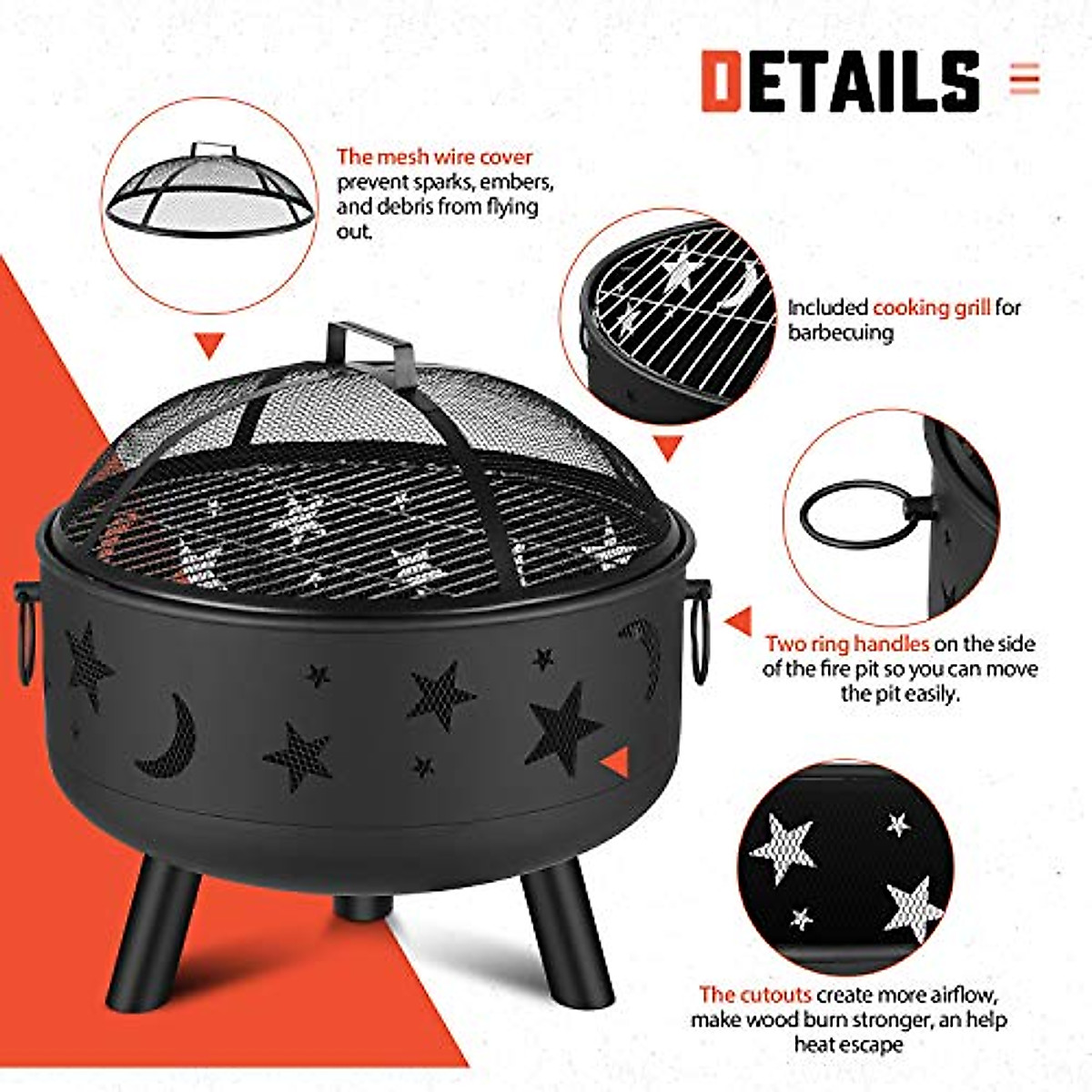 Cool Spot 24 Inch Wood Burning Outdoor Fire Pit, Round Big Sky Stars and Moons Firepit Bowl with Spark Screen, Cover and Poker