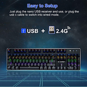 G-Cord Wireless Gaming Keyboard Mechanical, Wired Keyboard LED Backlit, 104 Keys Full Size, Aluminum Top Frame