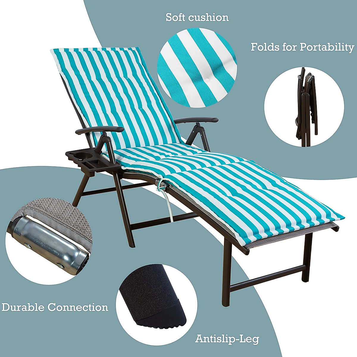 Kozyard Cozy Aluminum Reclining Lounge Chair for Beach, Yard, Pool, Deck, Patio - Outdoor Chaise Lounge with Drink Holder Weather Free Adjustable Assemble-Free Blue Strip Cushion