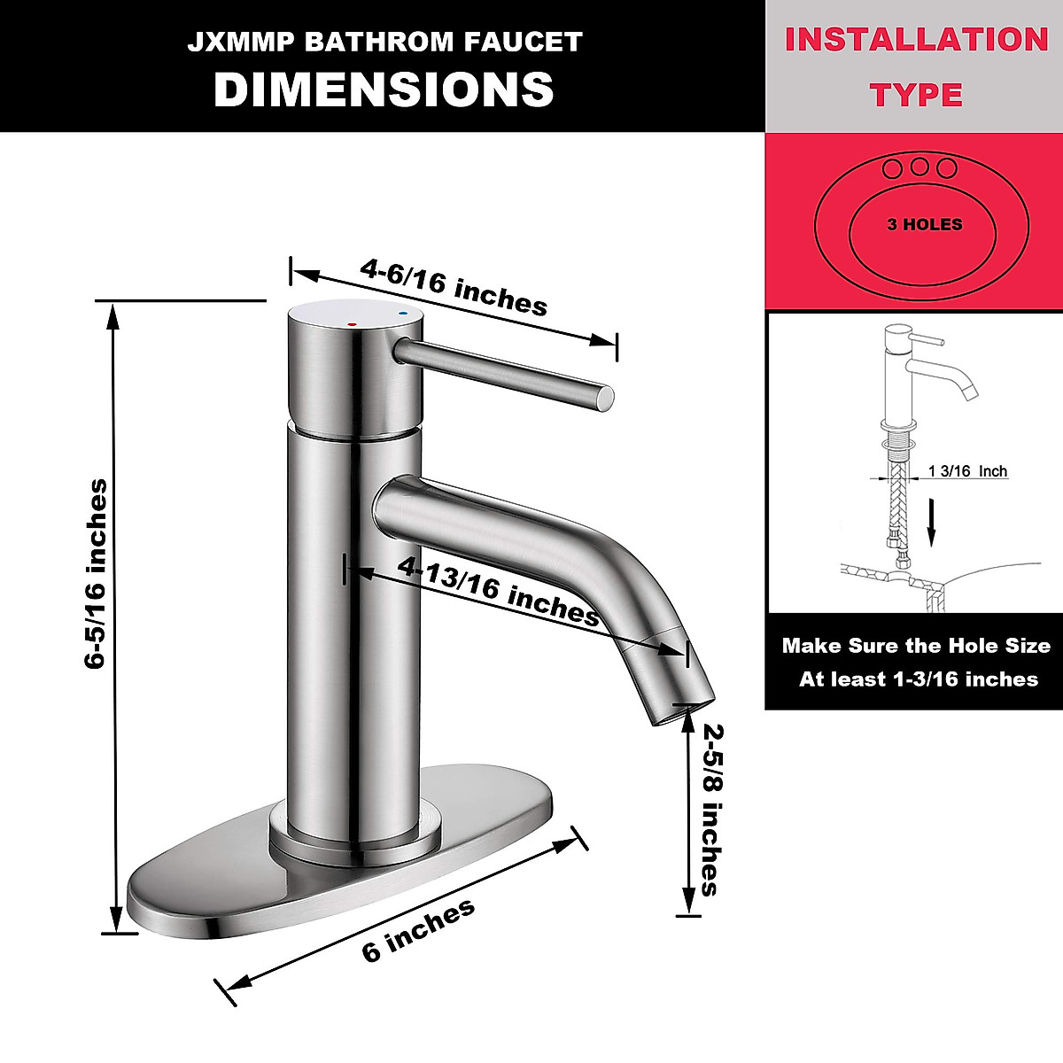 Brushed Nickel Single Hole Bathroom Faucets Single Handle, JXMMP Brushed Bathroom Vanity Sink Faucet with Pop Up Drain Assembly and 6 inch Deck Plate