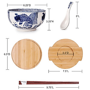 Happy Sales HSKM-BLEKOI, Japanese Kamameshi Vintage Style Rice Noodle Ramen Bowl with Bamboo Lid Trivet Chopsticks and Porcelain Spoon Bowl Set, Blue Koi