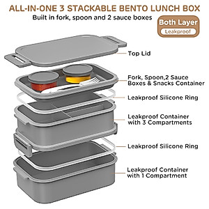 DaCool Adults Lunchbox Bento Box - 74 OZ All-in-One Stackable Lunch Box for Adults Men Women Teens Leakproof Bento Large Lunch Box Containers with Fork Spoon Sauce Box for Dining Out Work School,Grey