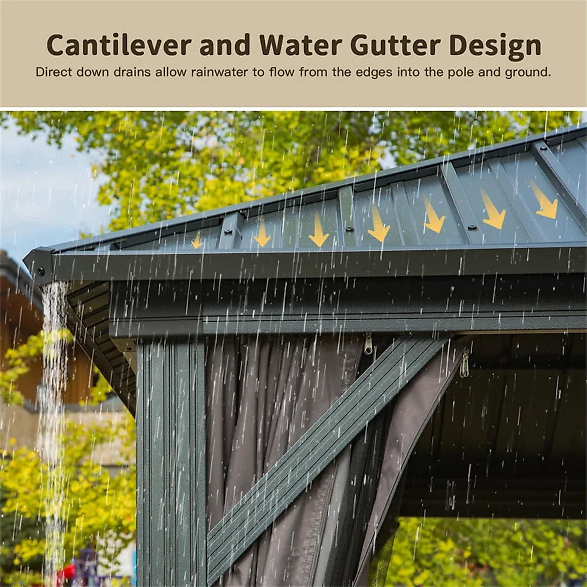 12'x16' Hardtop Gazebo, Outdoor Aluminum Hard Top Gazebo with Galvanized Steel Double Roof, Permanent Metal Roof Gazebo with Nettings, Curtains and Hooks for Deck, Patio (Brown)