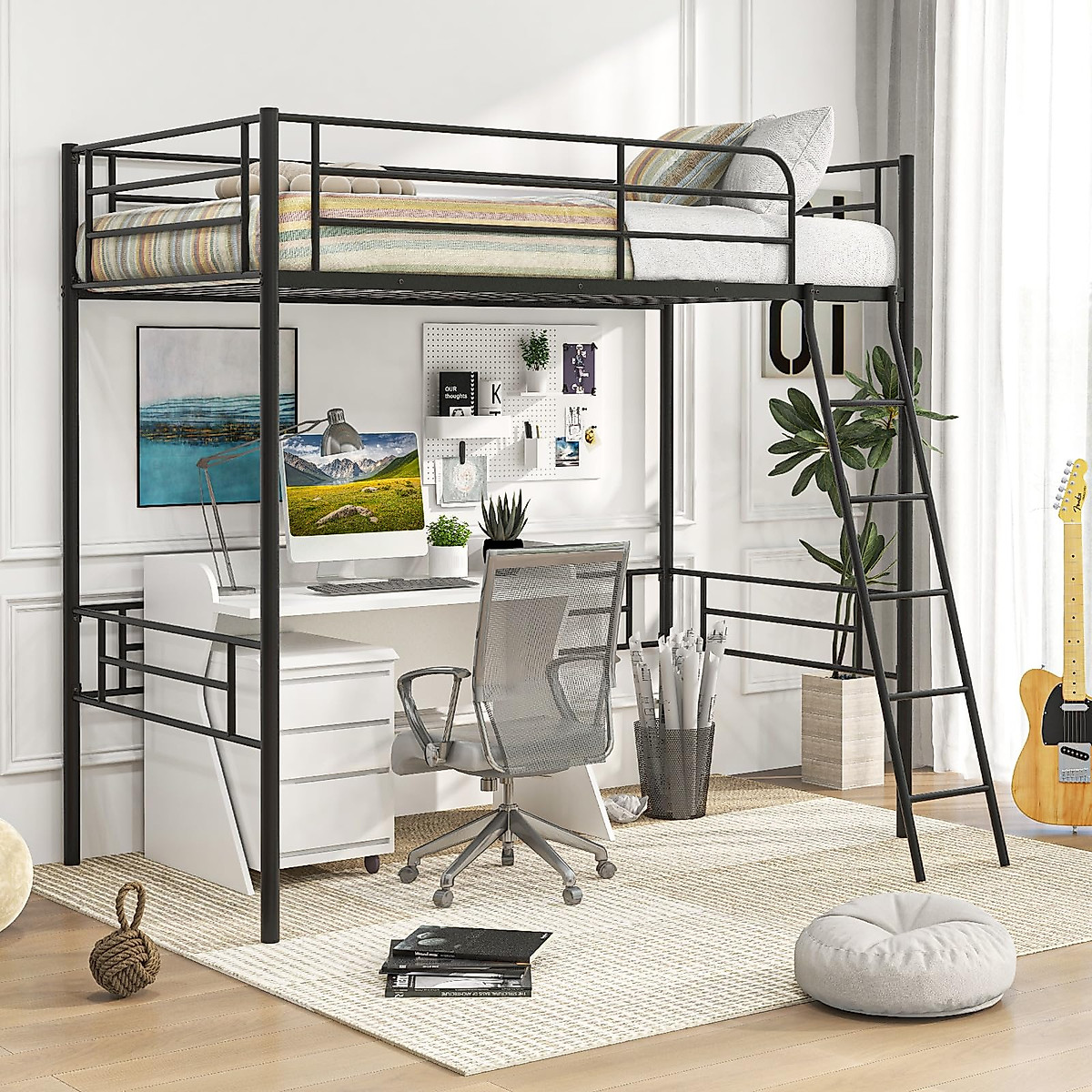 Giantex Twin Size Loft Bed, Metal Loft Bed Frame with Ladder & Safety Guardrail, Space-Saving Loft Bed with Ample Space Underneath, for Teens Junior and Adults, No Box Spring Need, Black