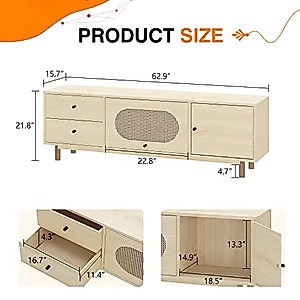 AWQM Rattan TV Stand for 70 Inch TV, Entertainment Center Cabinet with 2 Drawers and Cabinet Storage, Farmhouse TV Console Table for Living Room or Media Room, Oak