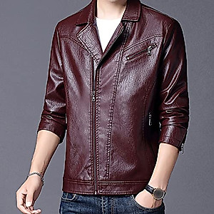 Maiyifu-GJ Men's PU Faux Leather Jacket Notch Lapel Slim Fit Zip Up Biker Jacket Vintage Moto Lightweight Outwear Coat (Red Wine,Medium)