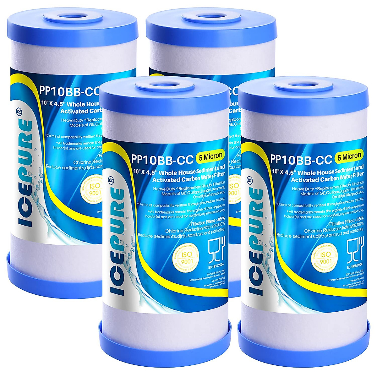 5 Micron 10" x 4.5" Whole House Water Filter Compatible with GE FXHTC, GXWH40L, RFC-BBSA, W50PEHD, Whirlpool WHKF-GD25BB, GXWH35F, GNWH38S, Dupont WFHD13001, Pentek R50-BB, 4WH-HDGR-F01 4PACK