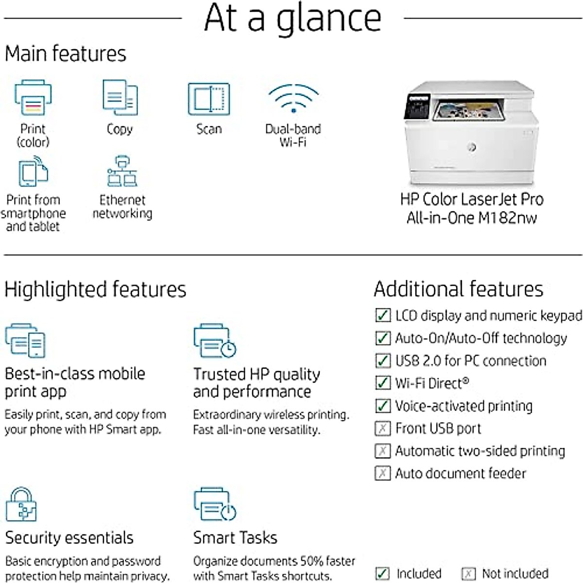 HP Color Laserjet Pro MFP M182nw Wireless All-in-One Laser Printer, Print Scan Copy, 17ppm, Auto-On/Auto-Off Function& Numeric Keypad, Compatible with Alexa -WULIC Printer Cable