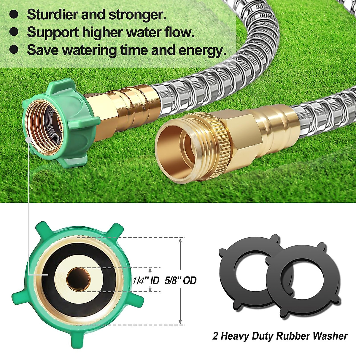 Metal Garden Hose 100FT, Stainless Steel Heavy Duty Water Hose with Brass Nozzle, Sturdy and Lightweight, No Kink & Tangle, Easy to Use & Store, Suitable for Yard and Lawn
