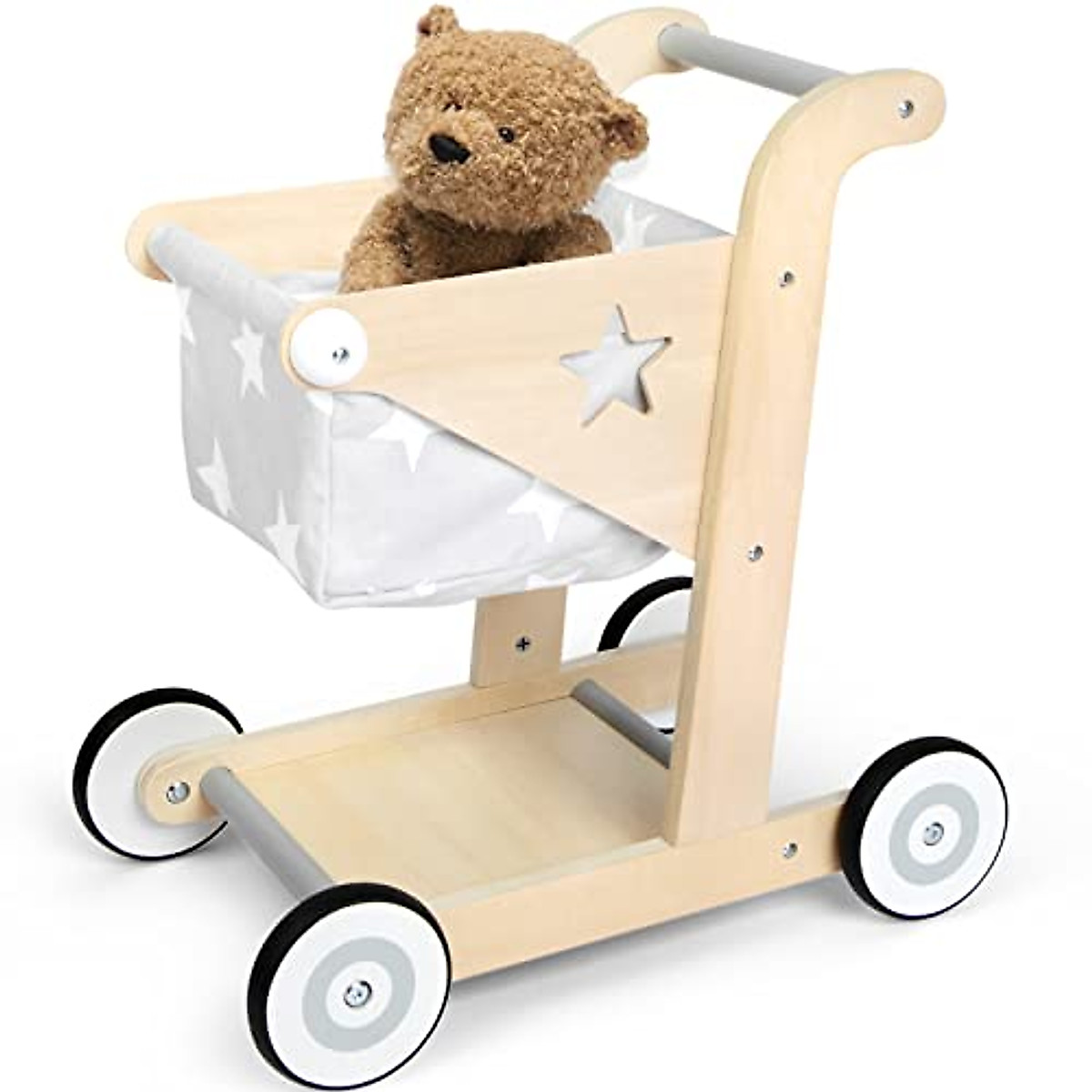 Asweets 2 in 1 Wooden Baby Walker Push and Pull Doll Stroller,Shopping Cart Learning Walker for Boys and Girls Sit Stand Learning Walker Toddler Toy