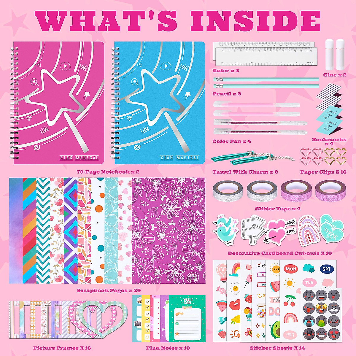 VigorFun 2 Pack DIY Journal Kit for Girls Ages 8-12, Gifts for Teen Girls - Share Scrapbook & Diary Supplies Set with Friends, Journaling Art and Crafts Kit (Purple+Blue)