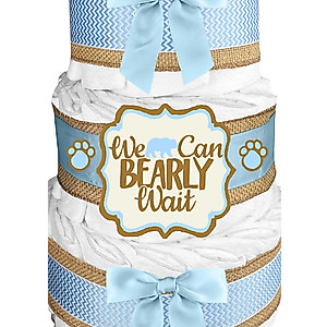 Teddy Bear Diaper Cake - We Can Bearly Wait - Baby Gift for a Boy - Burlap and Blue