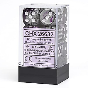 DND Dice Set-Chessex D&D Dice-16mm Gemini Purple, Steel, and White Plastic Polyhedral Dice Set-Dungeons and Dragons Dice Includes 12 Dice – D6