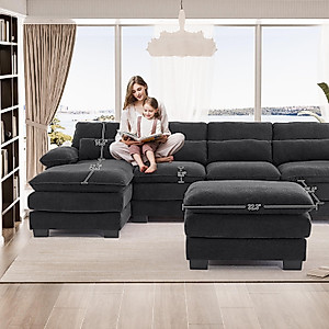 Nolohoo U Shape Sectional Sofa Cloud Couch,124" Chenille Comfy Couches for Living Room, Modern Upholstered Large Modular Sofa with Chaise,Console USB Port Cup Holders, Dark Gray