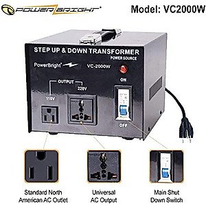 PowerBright Step Up & Down Transformer, Power ON/Off Switch, Can be Used in 110 Volt Countries and 220 Volt Countries, Convert from 220-240 Volt to 110-120 Volt & from 110-120 Volt to 220-240 (2000W)
