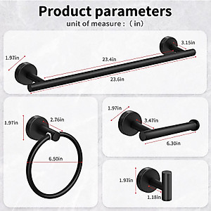 23.6 in Towel Bar Set, 5 Piece Matte Black Stainless Steel Bathroom Hardware Set Include Towel Bar, Toilet Paper Holder, Towel Ring, 2 Robe Towel Hooks, Bathroom Accessory kit