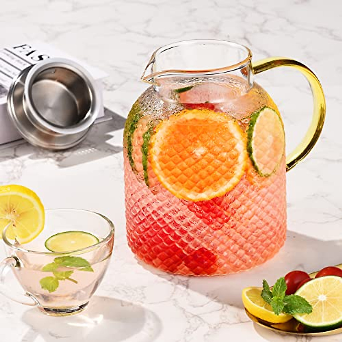 Glass Pitcher, ZBUFAN 60oz Glass Pitcher with Lid and Spout, 1.8L Glass Water Pitcher, Iced Tea Pitcher for Fridge, Pitchers Beverage Pitchers, Juice Lemonade Pitcher, Glass Carafe with Brush