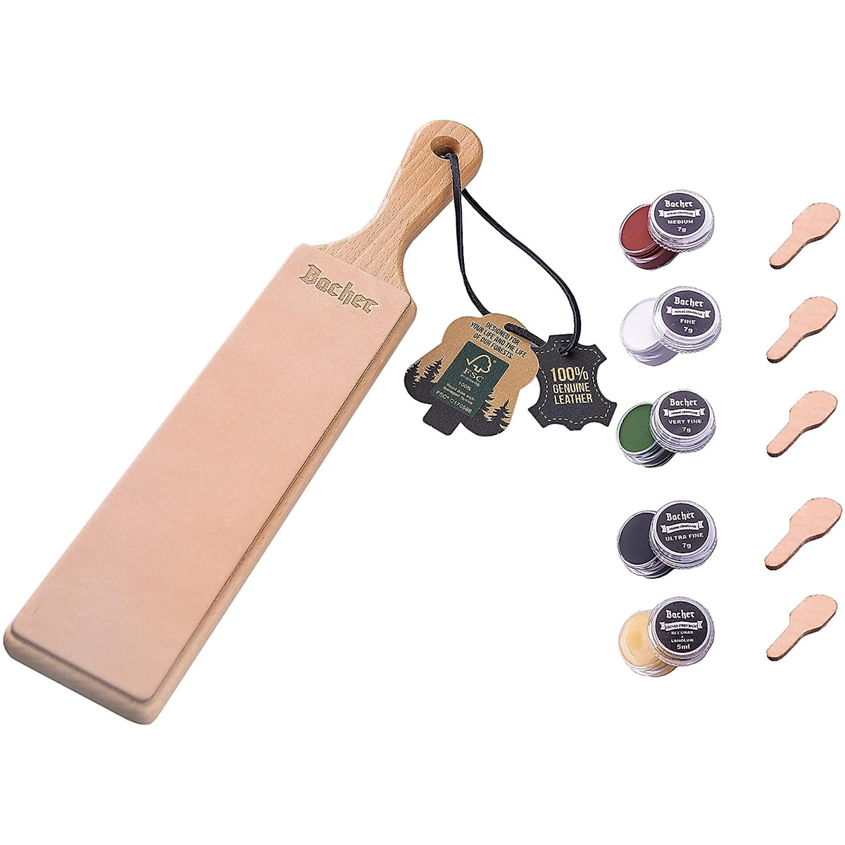 Bacher Premium Leather Strop for Knife Sharpening with Polishing Compound - Double Sided Stropping Leather – Stropping Kit: Knife Strop and Stropping Compound for Wood Carving and Woodworking