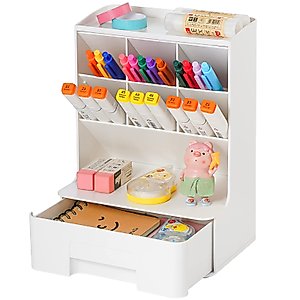 Marbrasse Desk Organizer with Drawer, Pen Organizer for Desk, Multi-Functional Pencil Holder, Desktop Stationary Organizer, Storage for School Home Office Art Supplies (White Pen Holder with Drawer)