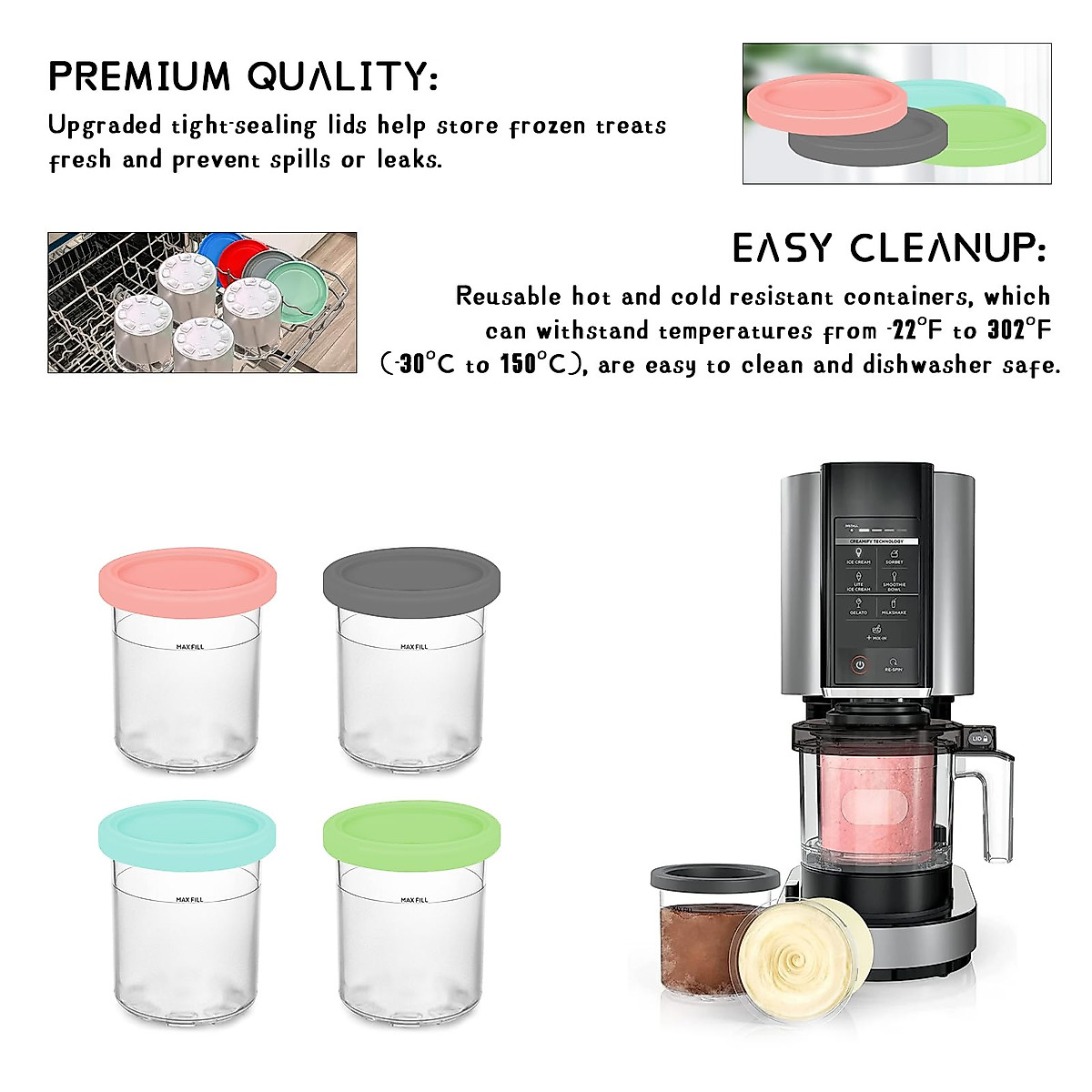 Containers Replacement for Ninja Creami 4 Pack Ice Cream Containers Sealed Creami Containers with Lid Pints Containers Compatible with NC301 NC300 NC299AMZ