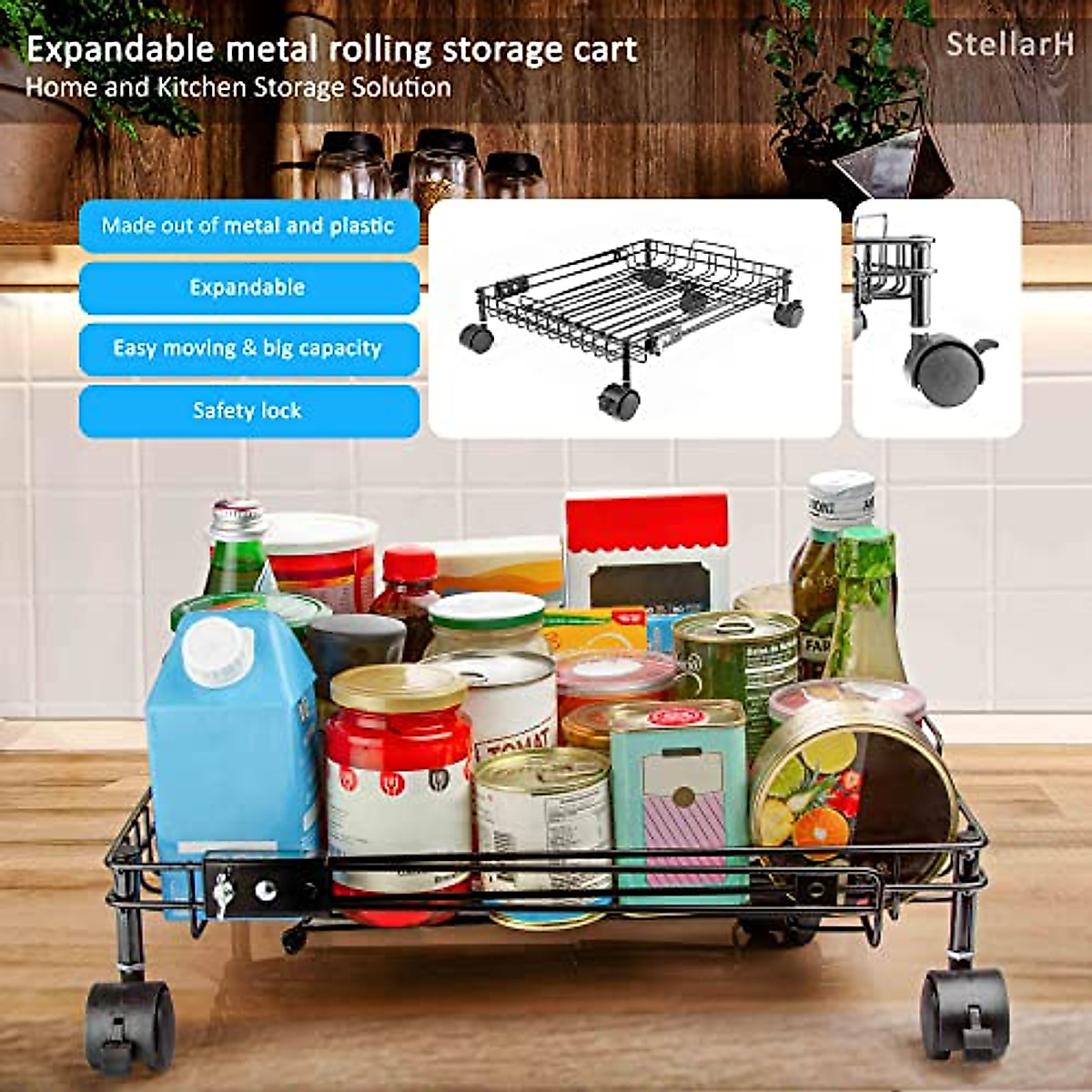 Expandable Rolling Basket Under Bed Storage Container with Wheels - Rolling Metal Storage Basket for Kitchen, Pantry, Garage Storage Organization Small Storage Bin Expandable (2 sizes) to 26 Inches